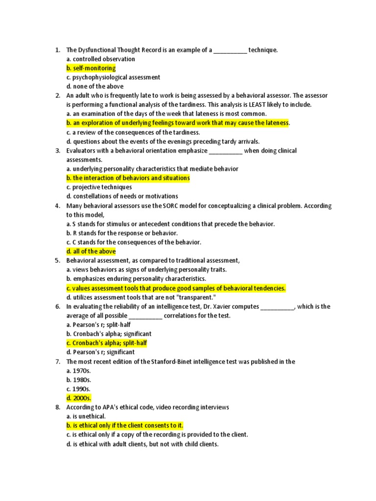 Behavioral Assessment Techniques Quiz | PDF