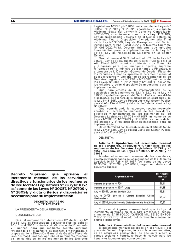 DS-311-2022-EF - Aumento Mensual Servidores Públicos | PDF