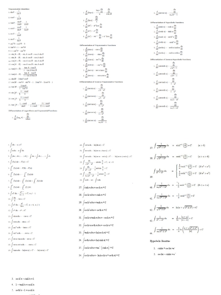 Differential and Integral FORMULAS | PDF