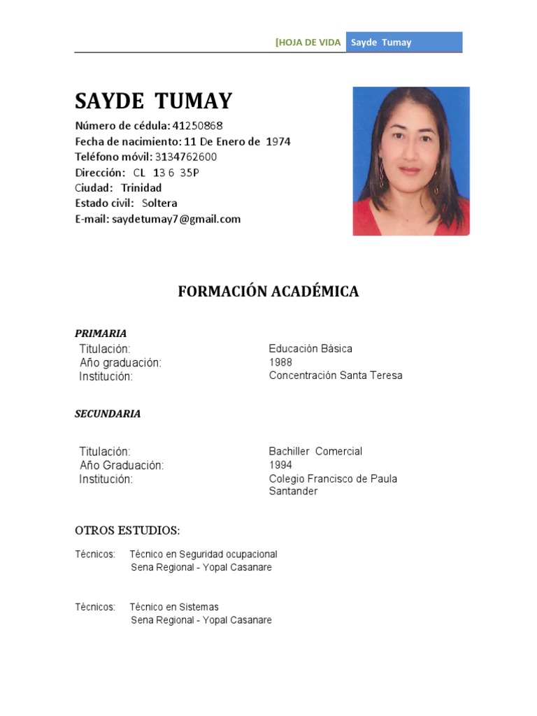 Hoja de Vida de Sayde Tumay | PDF