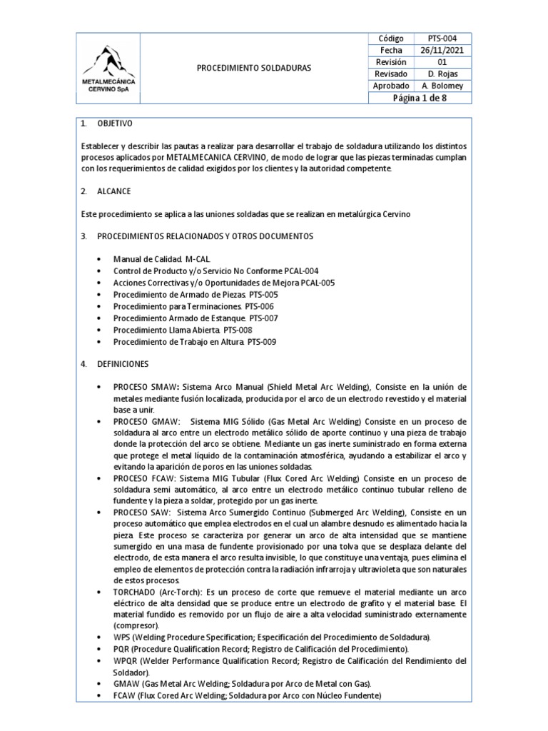 PTS-004 Procedimiento Soldaduras | Descargar gratis PDF | Soldadura | Construcción