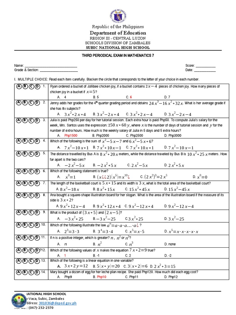 Grade 7 Mathematics Periodical Exam | PDF | Angle | Mathematical Concepts