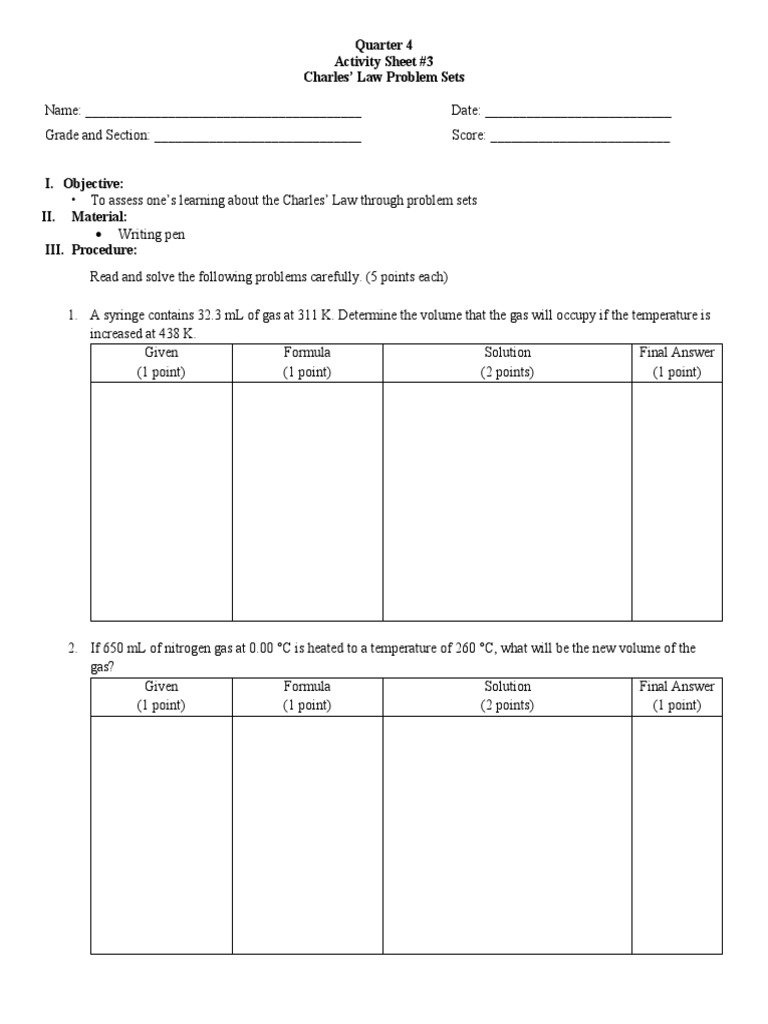 Charles' Law Problem Sets Guide | PDF