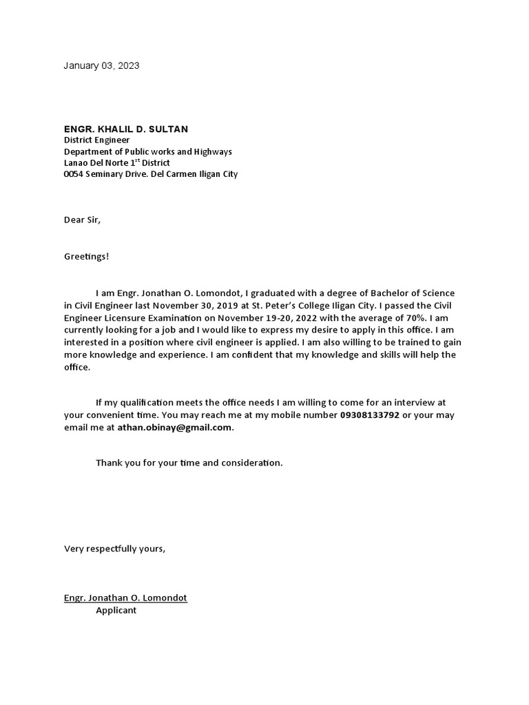 Job Application for Civil Engineer Position | PDF