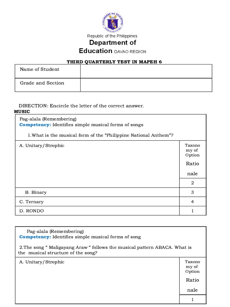 Final TQ Mapeh 6 | PDF | Camera | Musical Forms