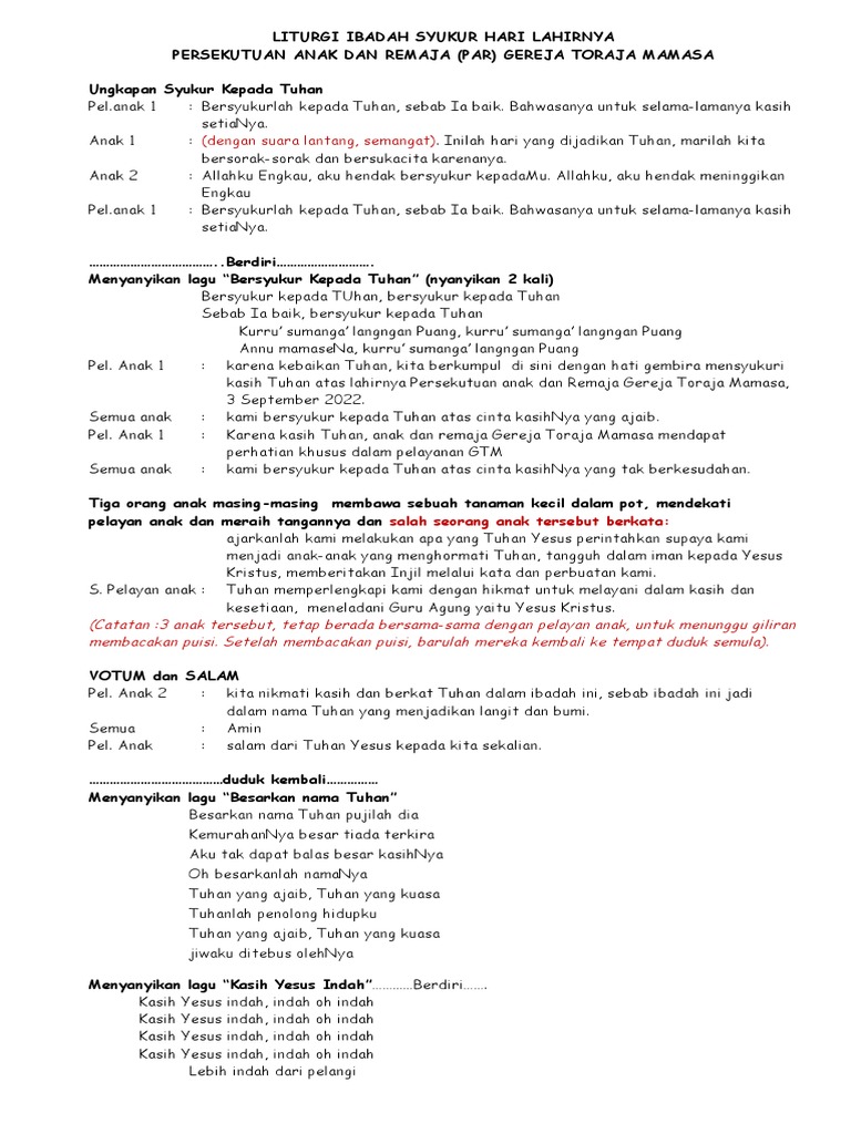 Liturgi Ibadah Syukur Lahirnya PAR GTM-1 | PDF