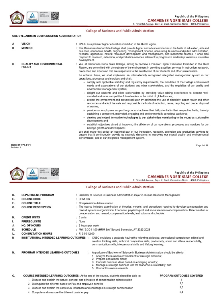 CNSC Compensation Administration Syllabus | PDF | Human Resource Management | Lecture