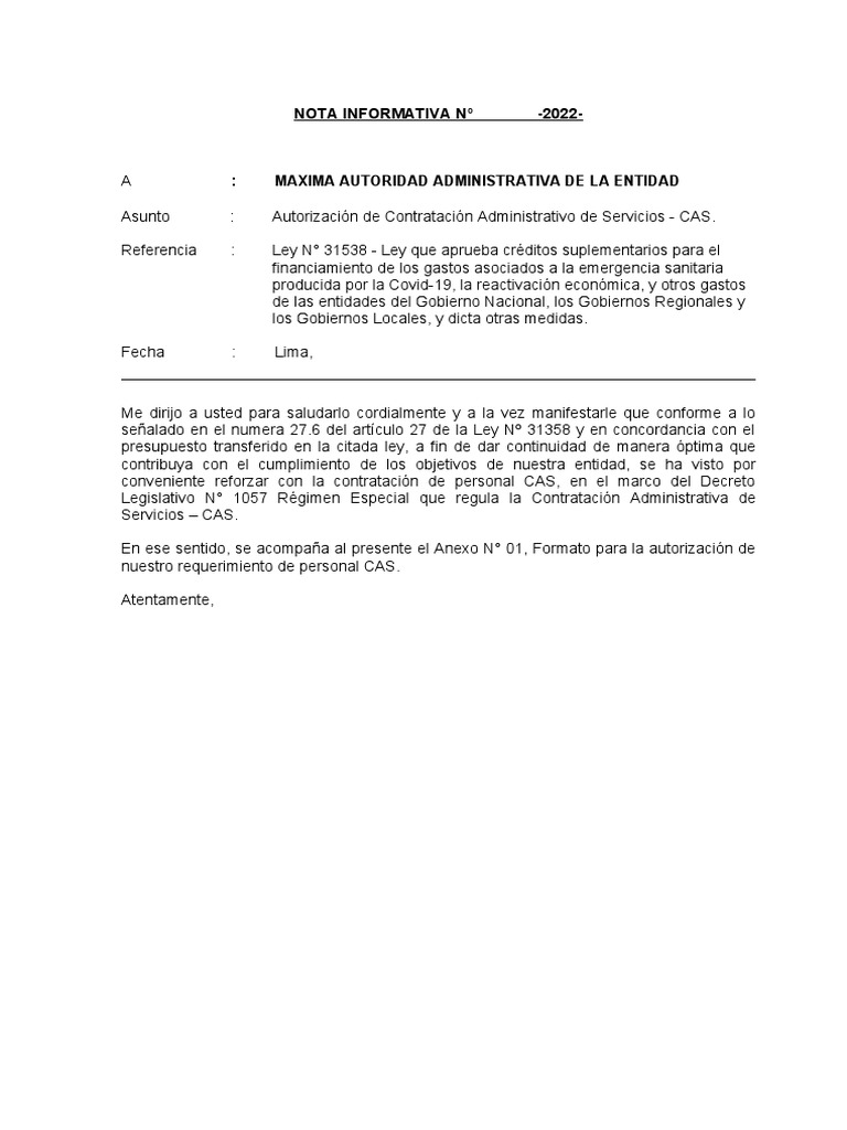 Modelo de Nota Informativa de Requerimeinto de Cas Regular | PDF