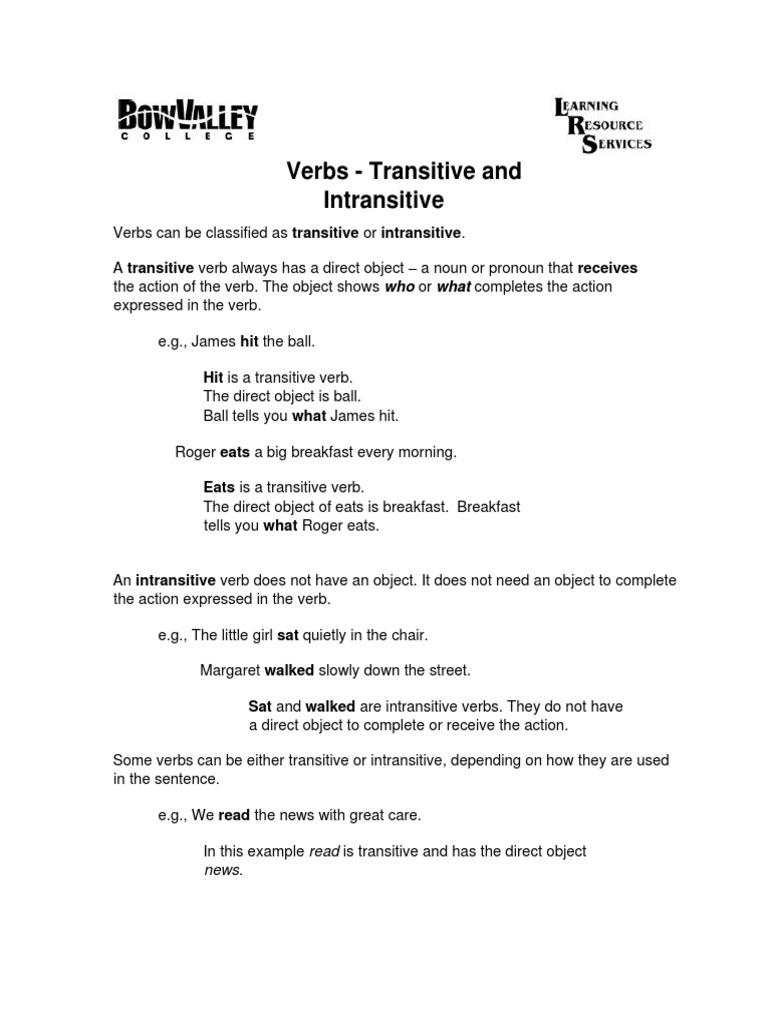 Classification of Verbs: A Guide to Identifying Transitive and ... Classification of Verbs: A Guide to Identifying Transitive and ...