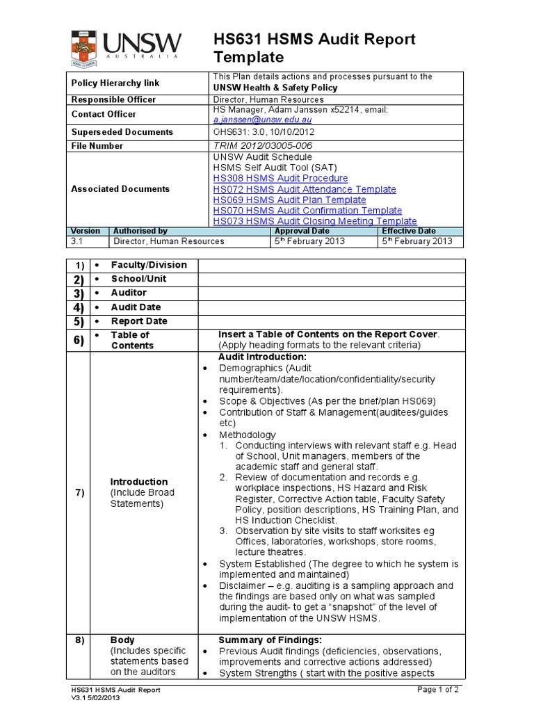 UNSW HSMS Audit Report Template | PDF | Audit | Auditor's Report