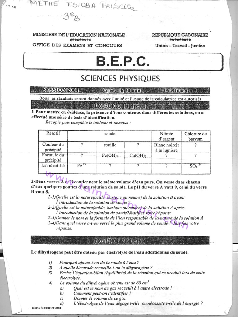 Bepc Gabon SC - Physiques 2004 | PDF