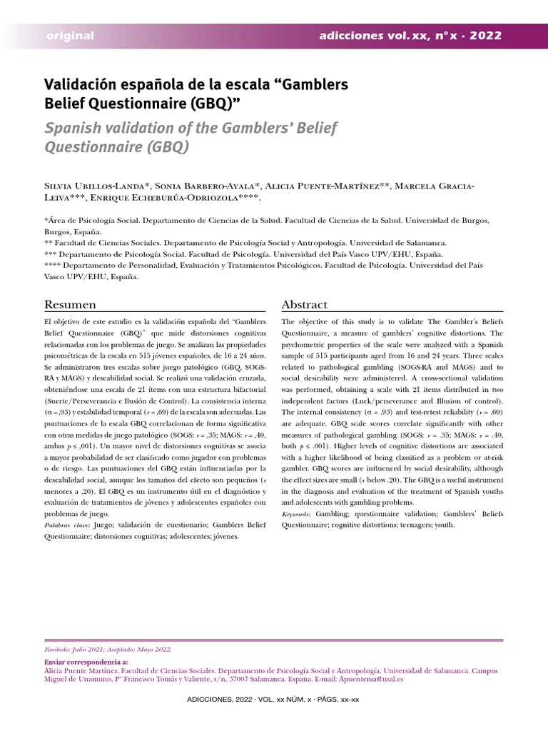Gamblers Belief Questionnaire (GBQ) | PDF | Alfa de Cronbach | Validez ...