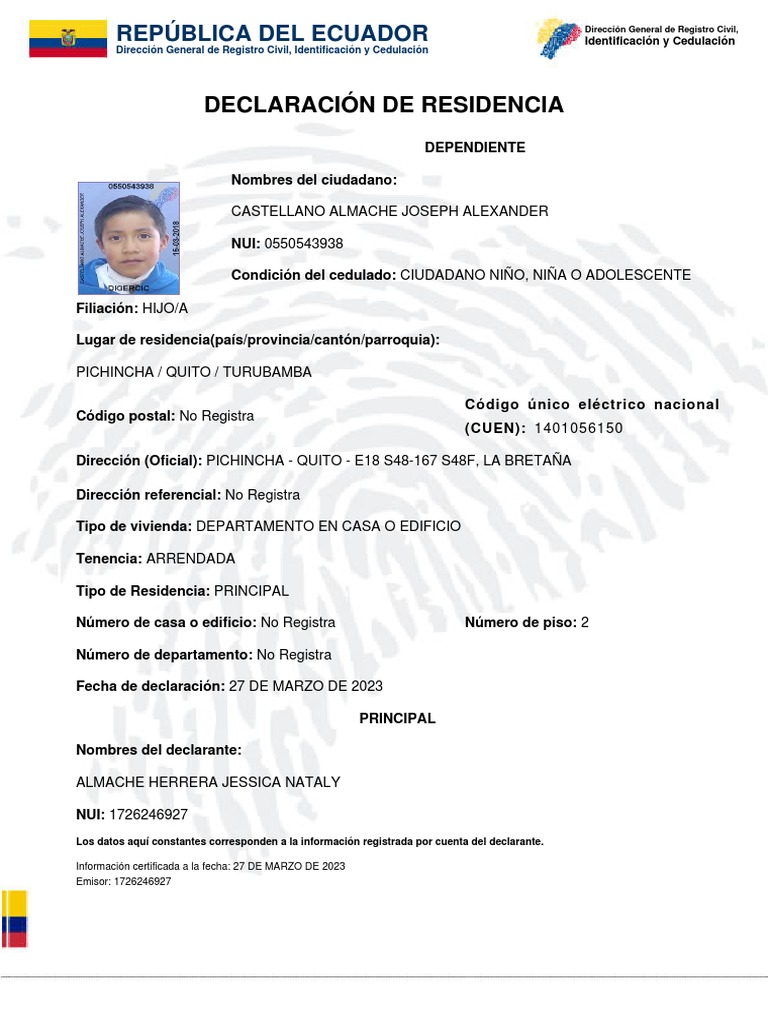 Declaración de Residencia: República Del Ecuador | PDF
