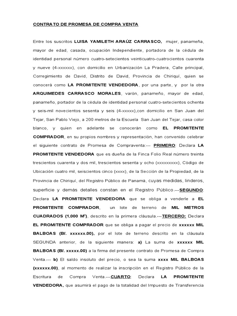 Contrato de Promesa de Compra Venta-Luisa Arauz y Arquimedes Carrasco (12410) | PDF