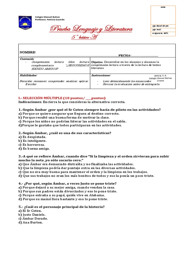 Prueba SEGUIREMOS SIENDO AMIGOS | PDF | Comprensión lectora