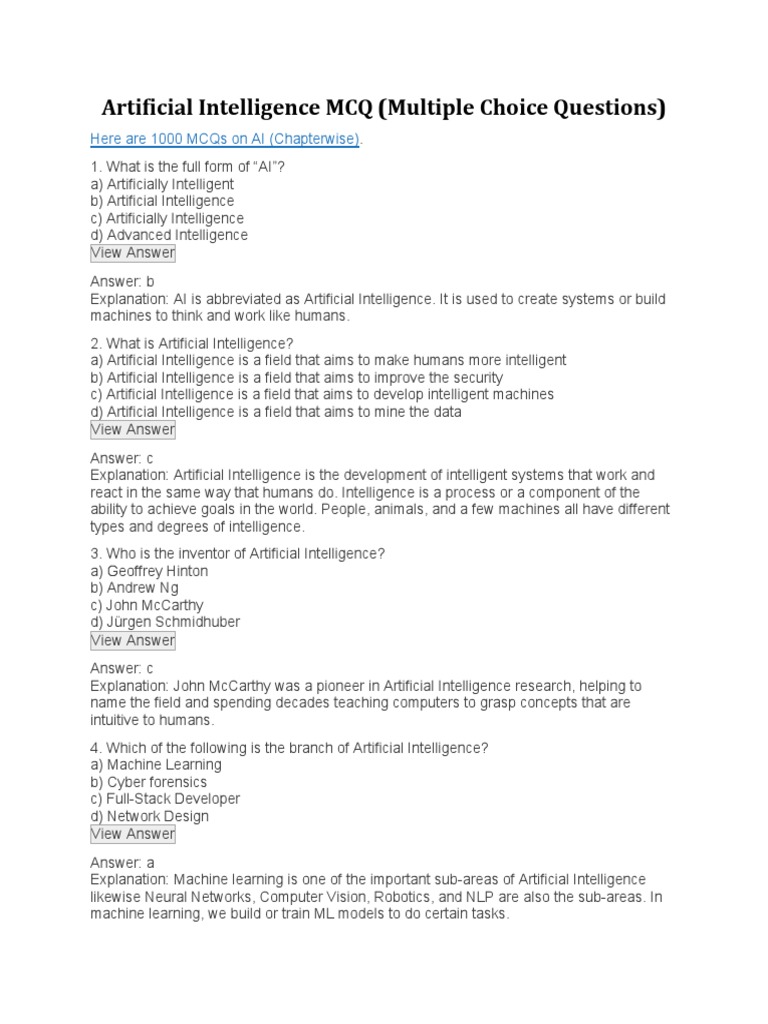 Artificial Intelligence MCQ | PDF