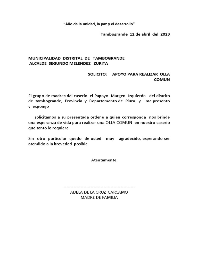 Solicitud de apoyo para realizar una olla común en el caserio El Papayo, distrito de Tambogrande ...