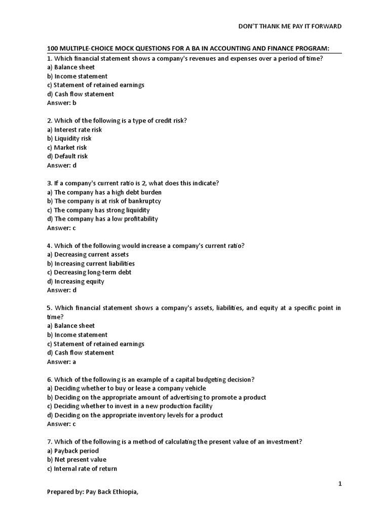 100 Multiple Choice Mock Questions for Ba in Management Program | PDF ...