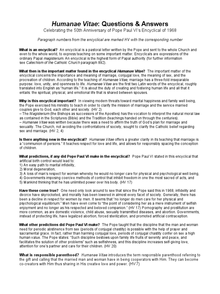 Humanae Vitae - Questions & Answers | PDF | Catholic Church