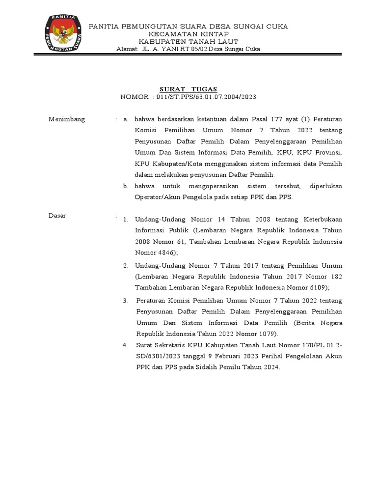 Contoh Surat Tugas Pengelola Akun Sidalih PPK, PPS | PDF