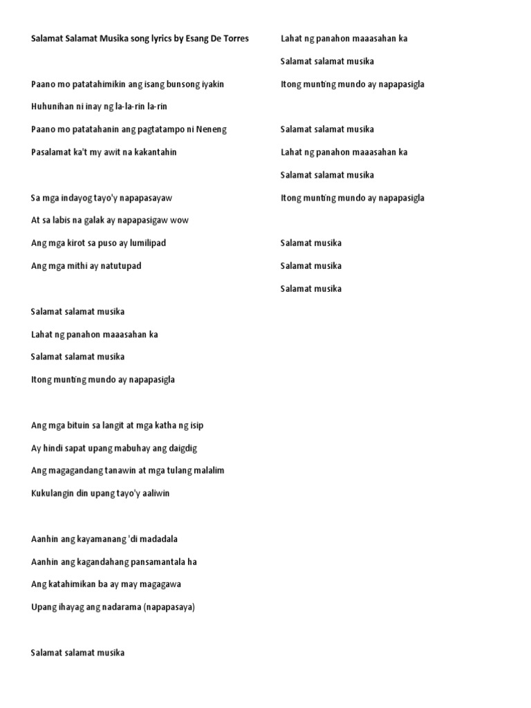 Salamat Salamat Musika Song Lyrics by Esang de Torres | PDF