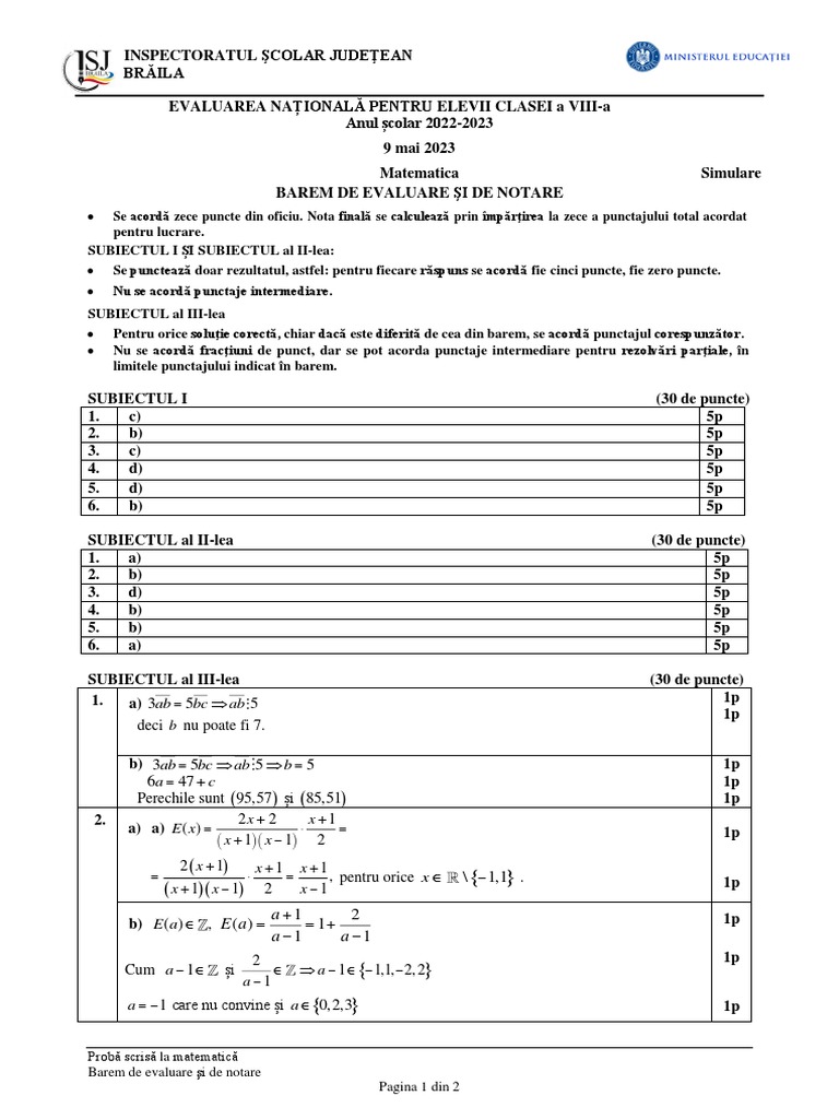 Barem Simulare en Matematica | PDF