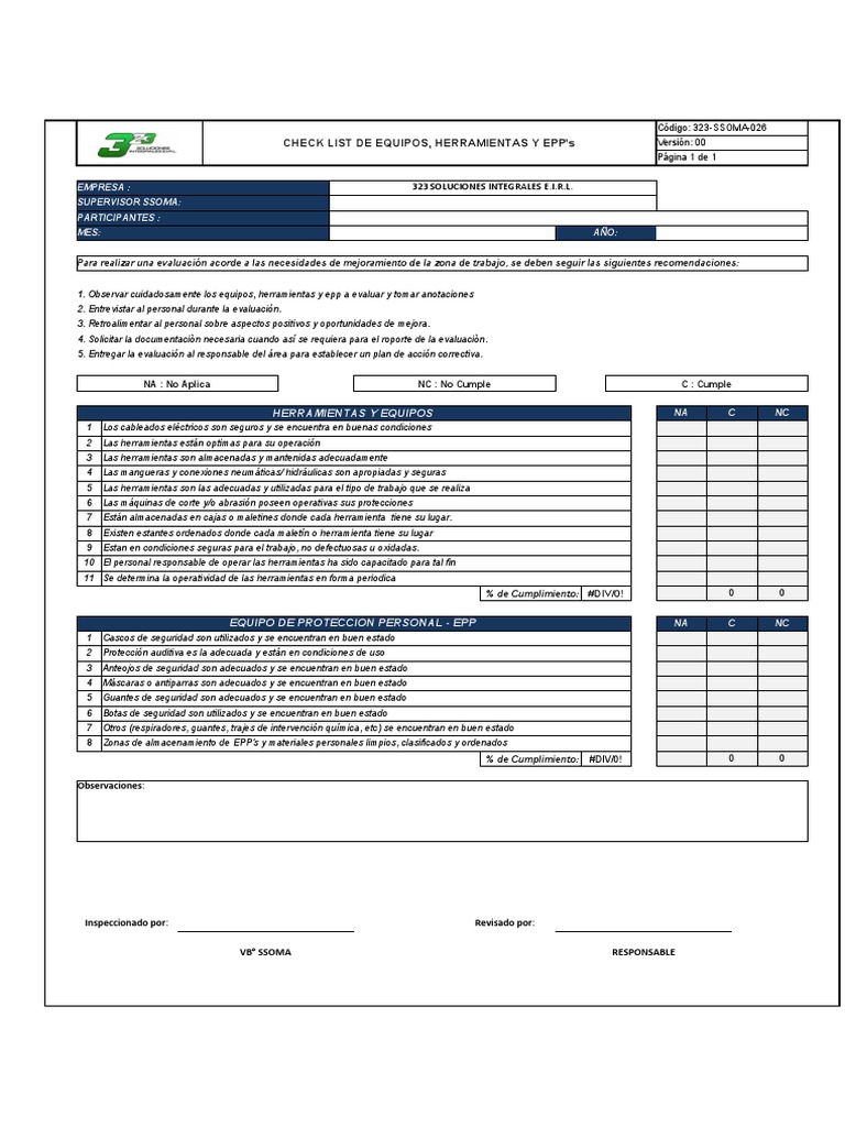 323-SSOMA-026 Check List de equipos, herramientas y EPP | PDF