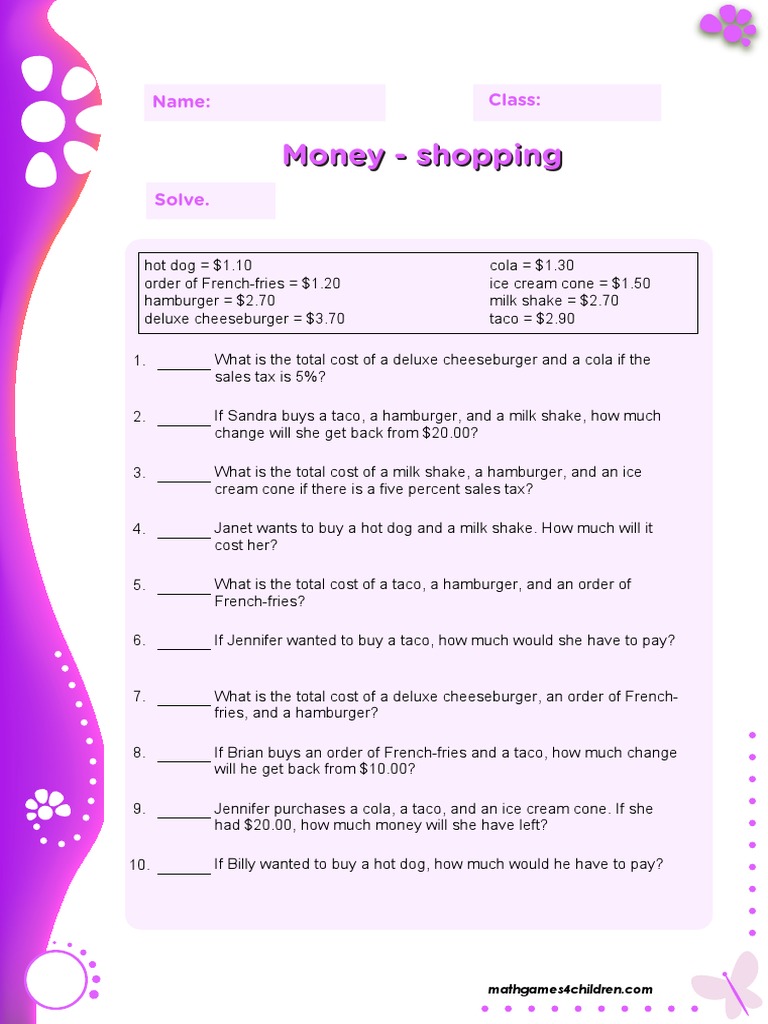 Math Worksheet On Shopping | PDF | Convenience Food | Fast Food