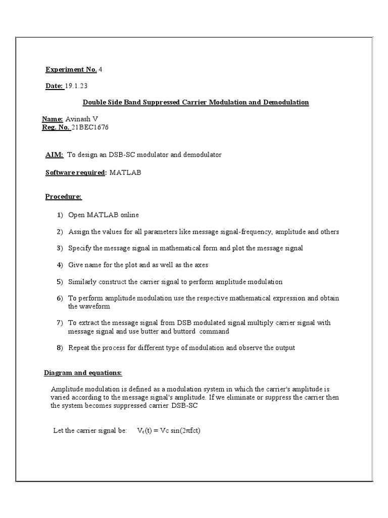21BEC1676 Avinash V Analog Communiction EXP 4 | PDF | Modulation | Frequency Modulation