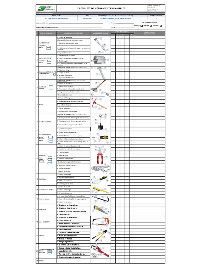 323-SSOMA-026 Check List Pre Uso Herramientas Manuales | PDF | Equipo ...
