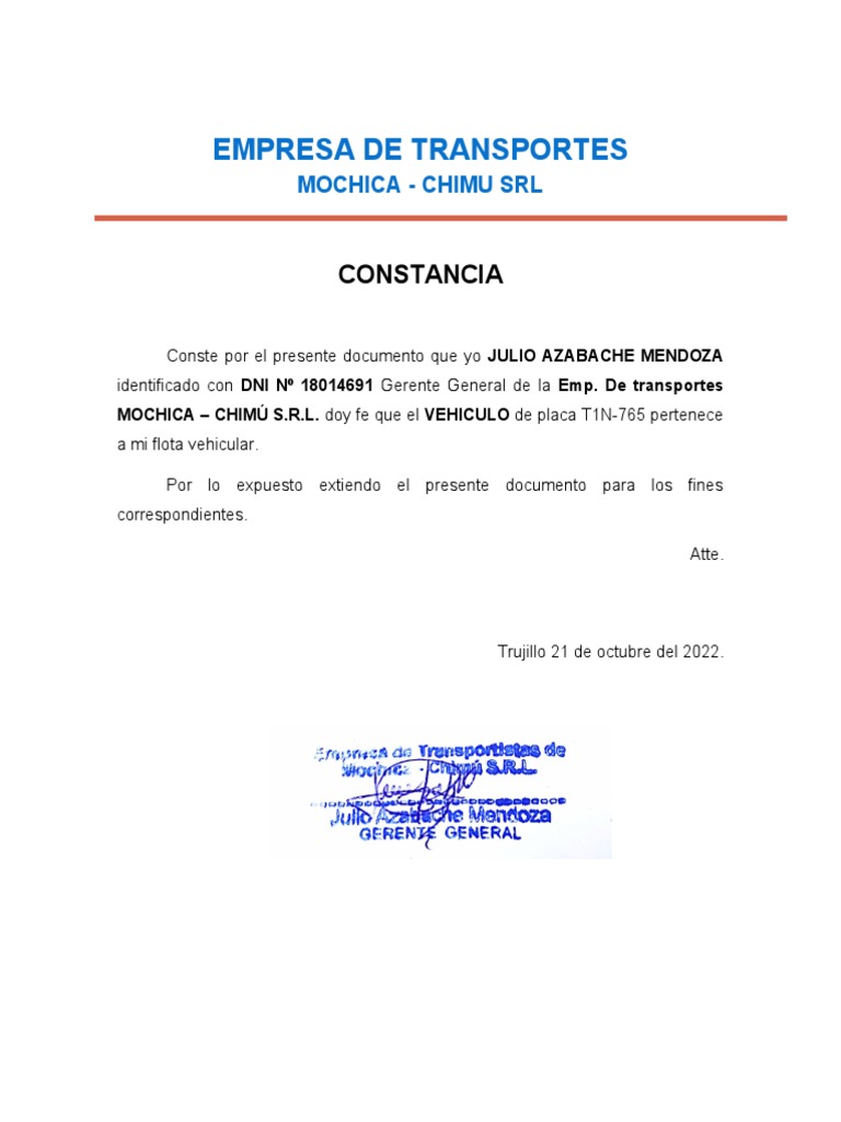 Constancia Empresa De Transportes Pdf