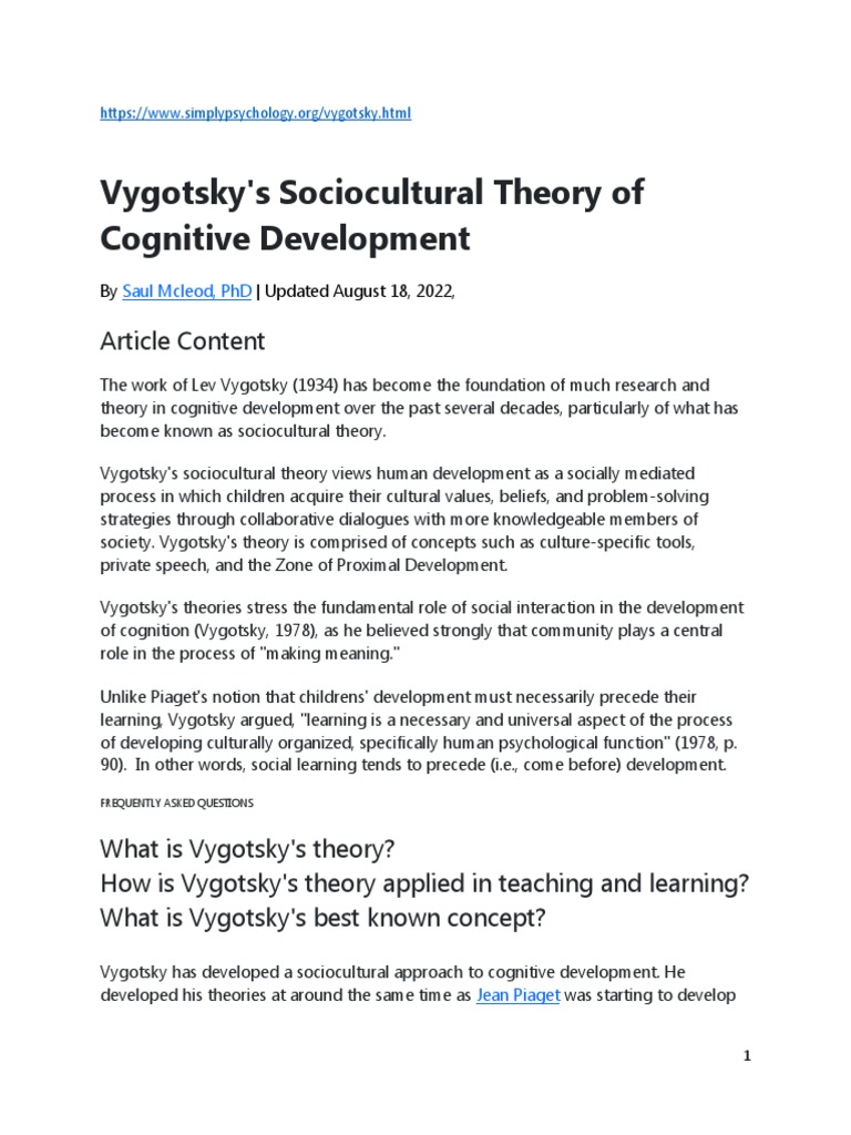 Vygotsky's Sociocultural Theory of Cognitive Development by Mcleod | PDF