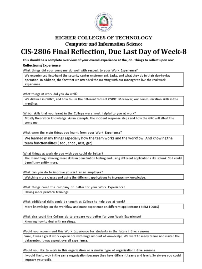 CIS-2806 Final Reflection Report | PDF | Experience | Internship