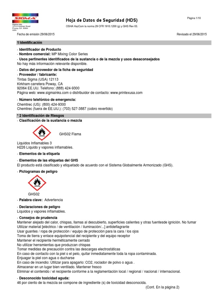 Sigma - MP - Mixing - Colors - Series - US - EN - Sds - En.es | PDF