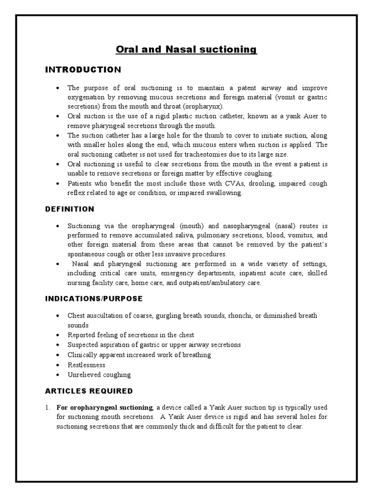 Oral and Nasal suctioning copy | PDF | Cough | Medicine