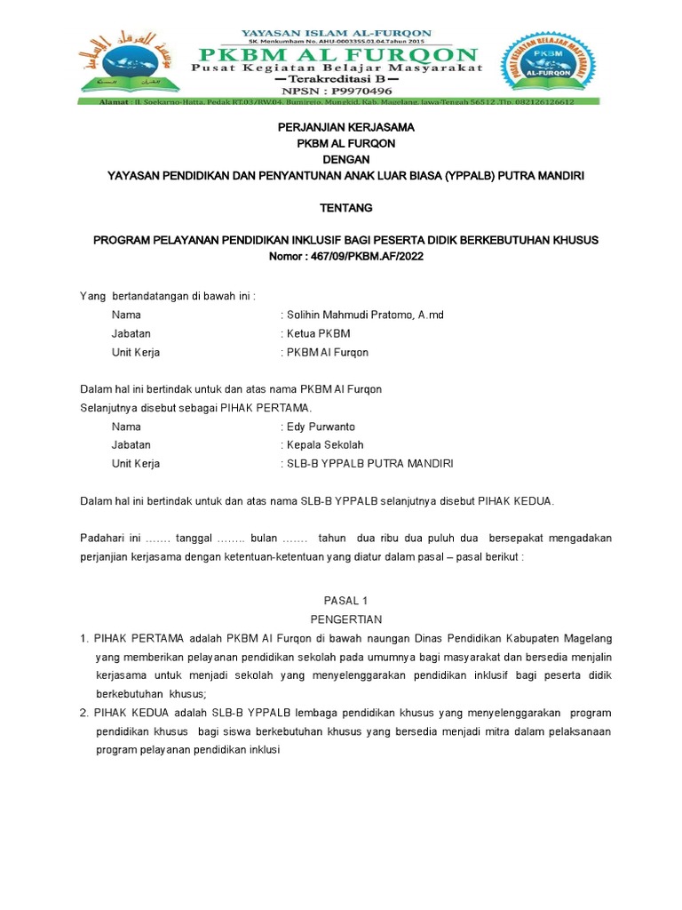 Mou Perjanjian Kerjasama PKBM Al Furqon Dengan SLB | PDF