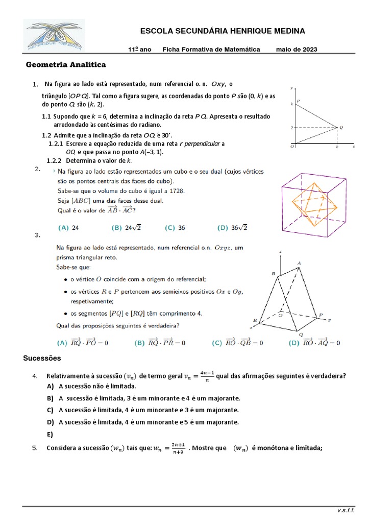 Ficha formativa de Matemática do 11o ano sobre Geometria Analítica, Progressões e Sucessões ...