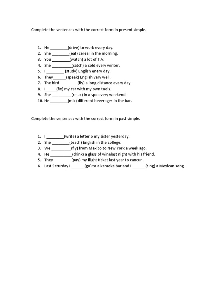 Present and Past Tense Verb Practice: Completing Sentences with Correct ...