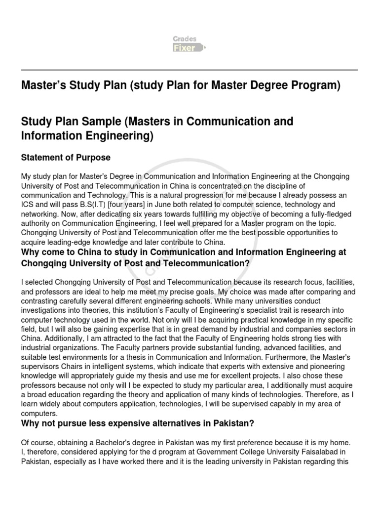 Master's Study Plan (Study Plan For Master Degree Program) | PDF
