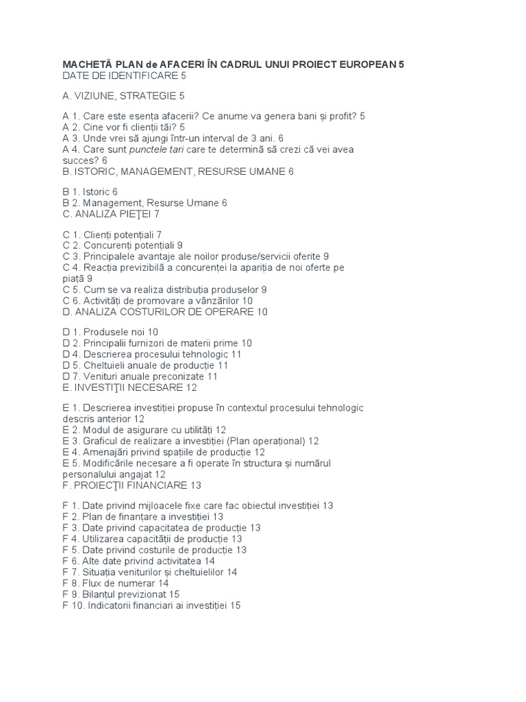 MACHETĂ PLAN de AFACERI ÎN CADRUL UNUI PROIECT EUROPEAN 5 | PDF