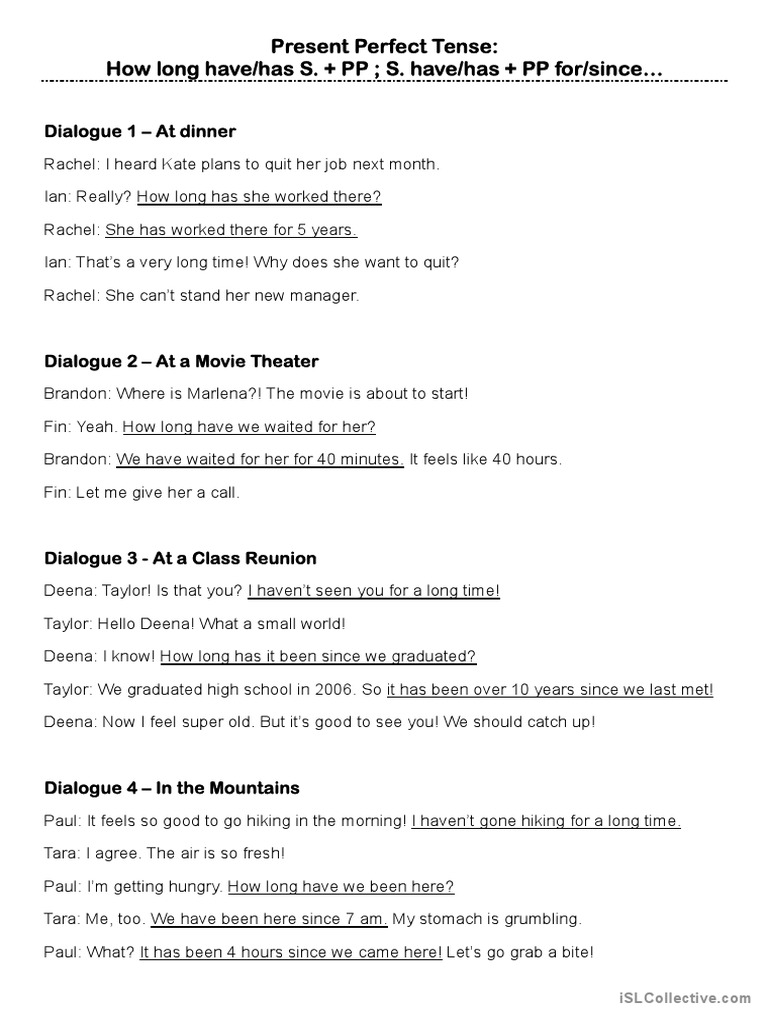 Present Perfect Dialogues (How Long Since - For) With Exercise | PDF