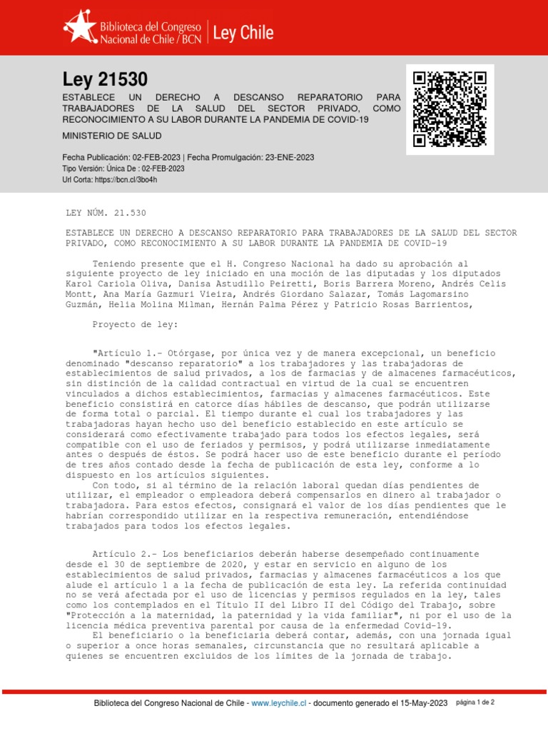 Ley-21530 02-FEB-2023 Descanso Compensatorio | PDF