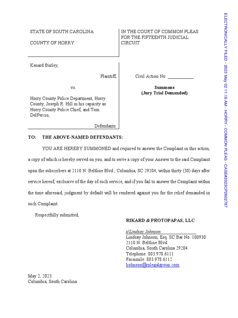 Kenard Burley vs. Horry County Police Dept. Lawsuit Document #2 | PDF ...