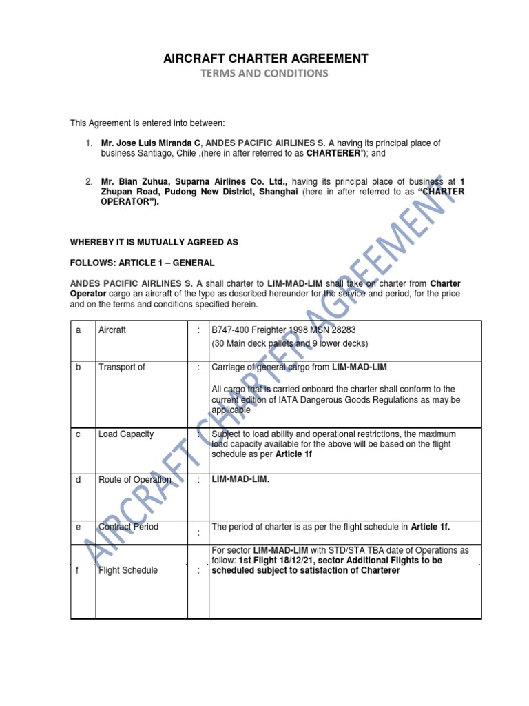 Aircraft Charter Agreement | PDF