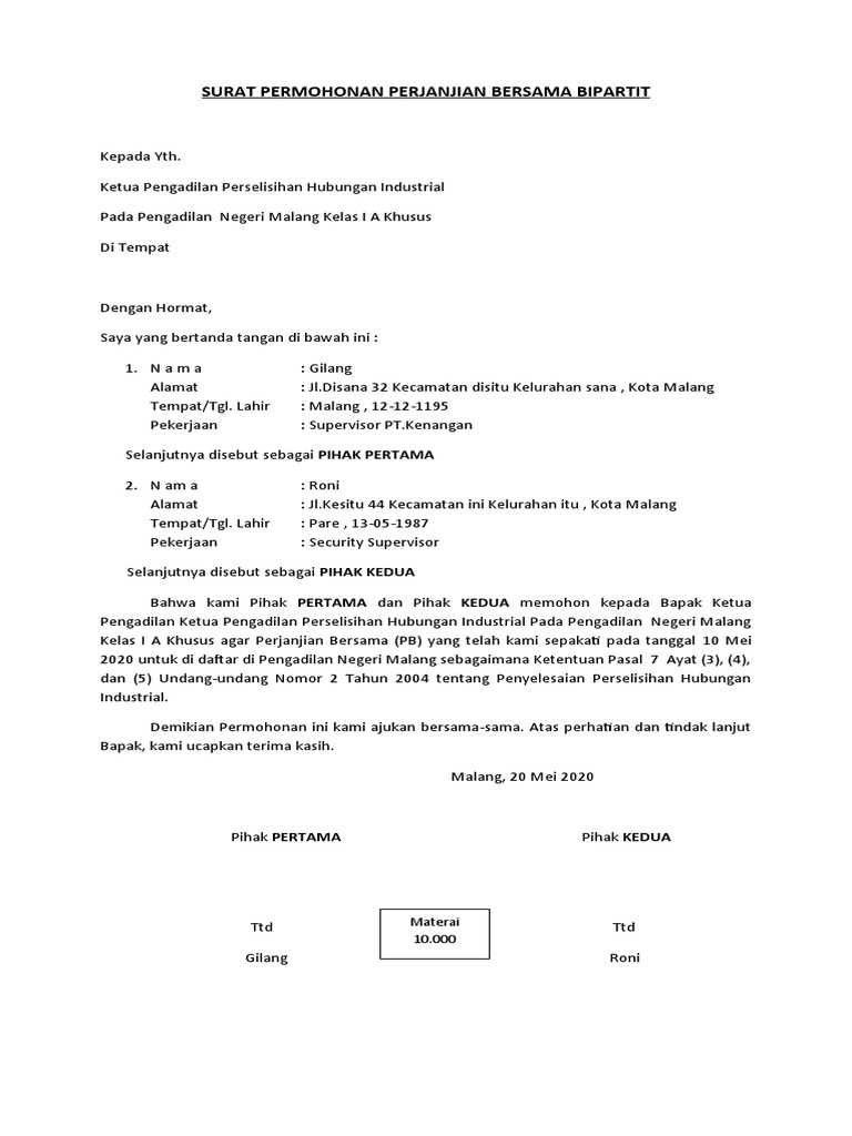 Surat Permohonan Perjanjian Bersama Bipartit | PDF