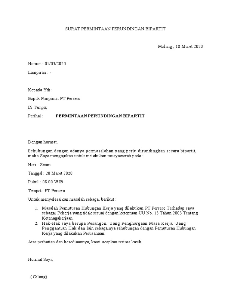 Surat Permintaan Perundingan Bipartit | PDF