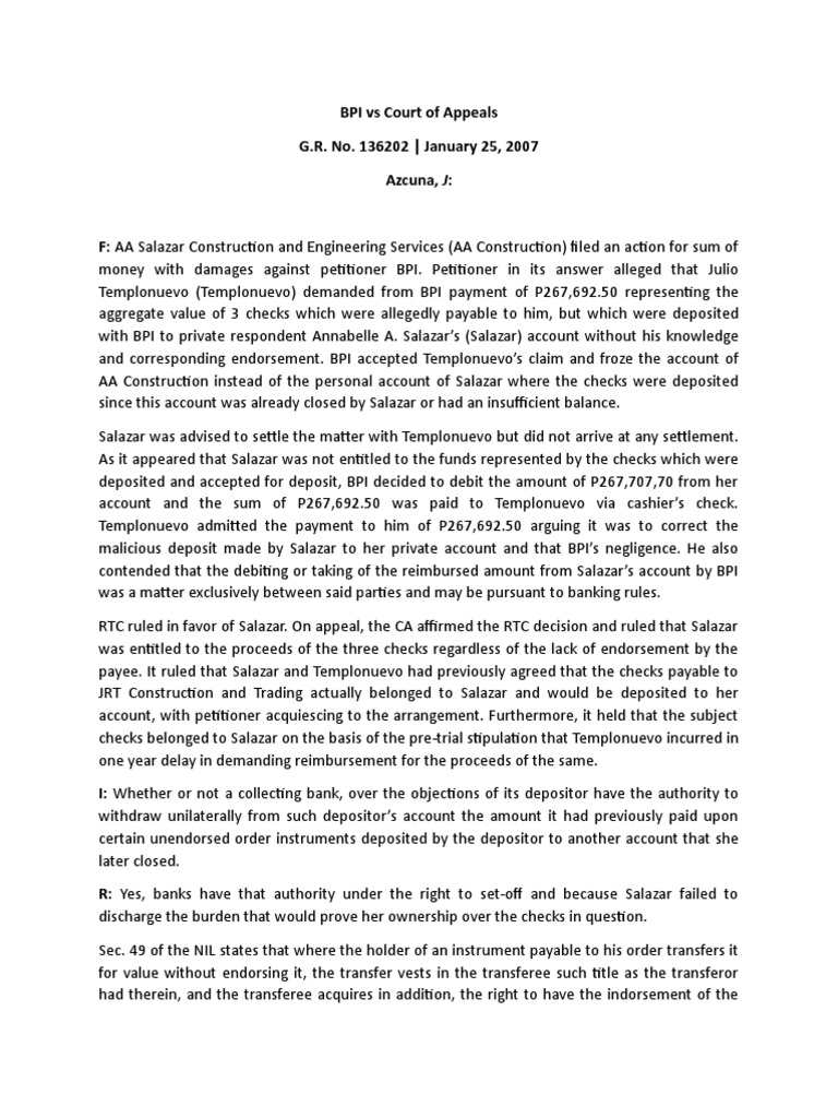 BPI Vs Court of Appeals | PDF | Deposit Account | Banks
