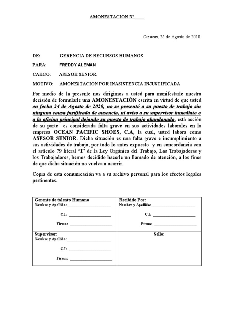 AMONESTACION FALTA INJUSTIFICADA | PDF