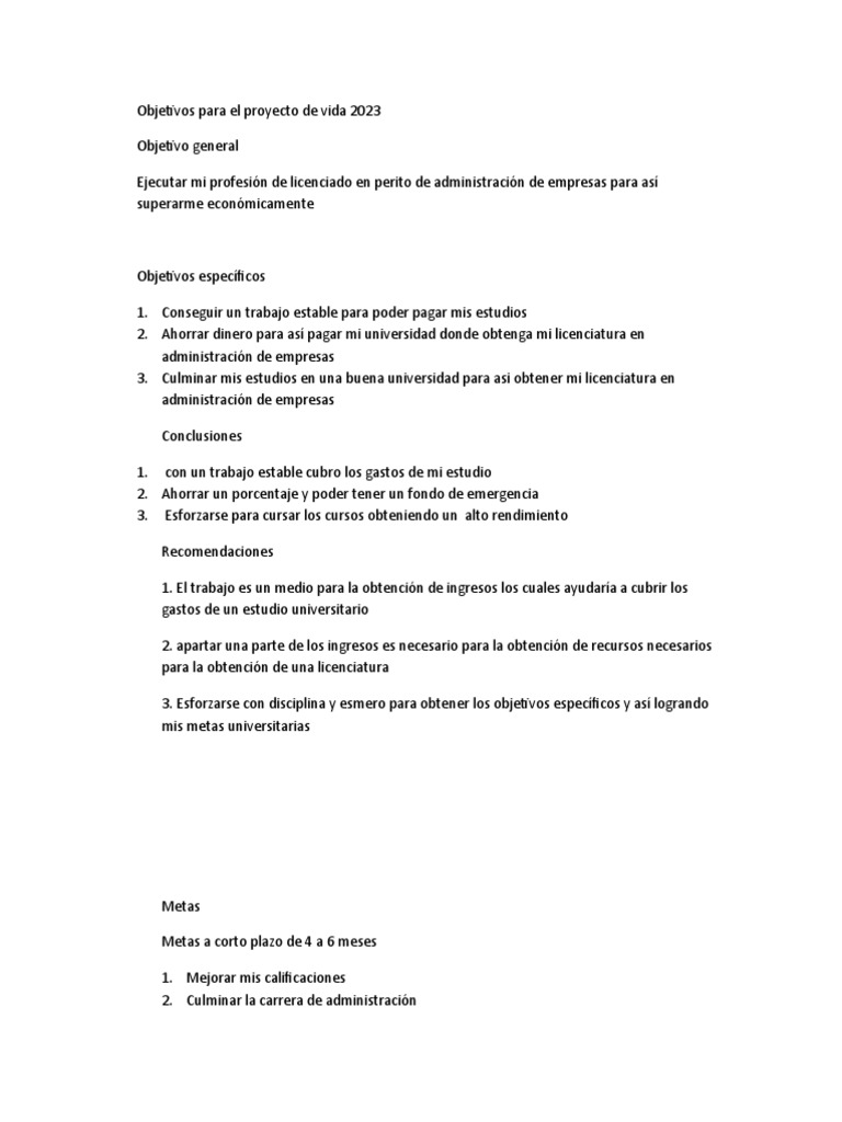 Objetivos para El Proyecto de Vida 2023 | PDF Objetivos para El Proyecto de Vida 2023 | PDF