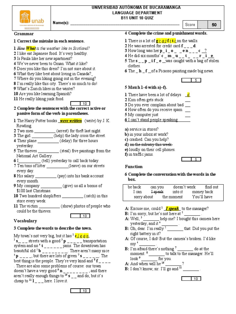 B11 Unit 10 Quiz | PDF